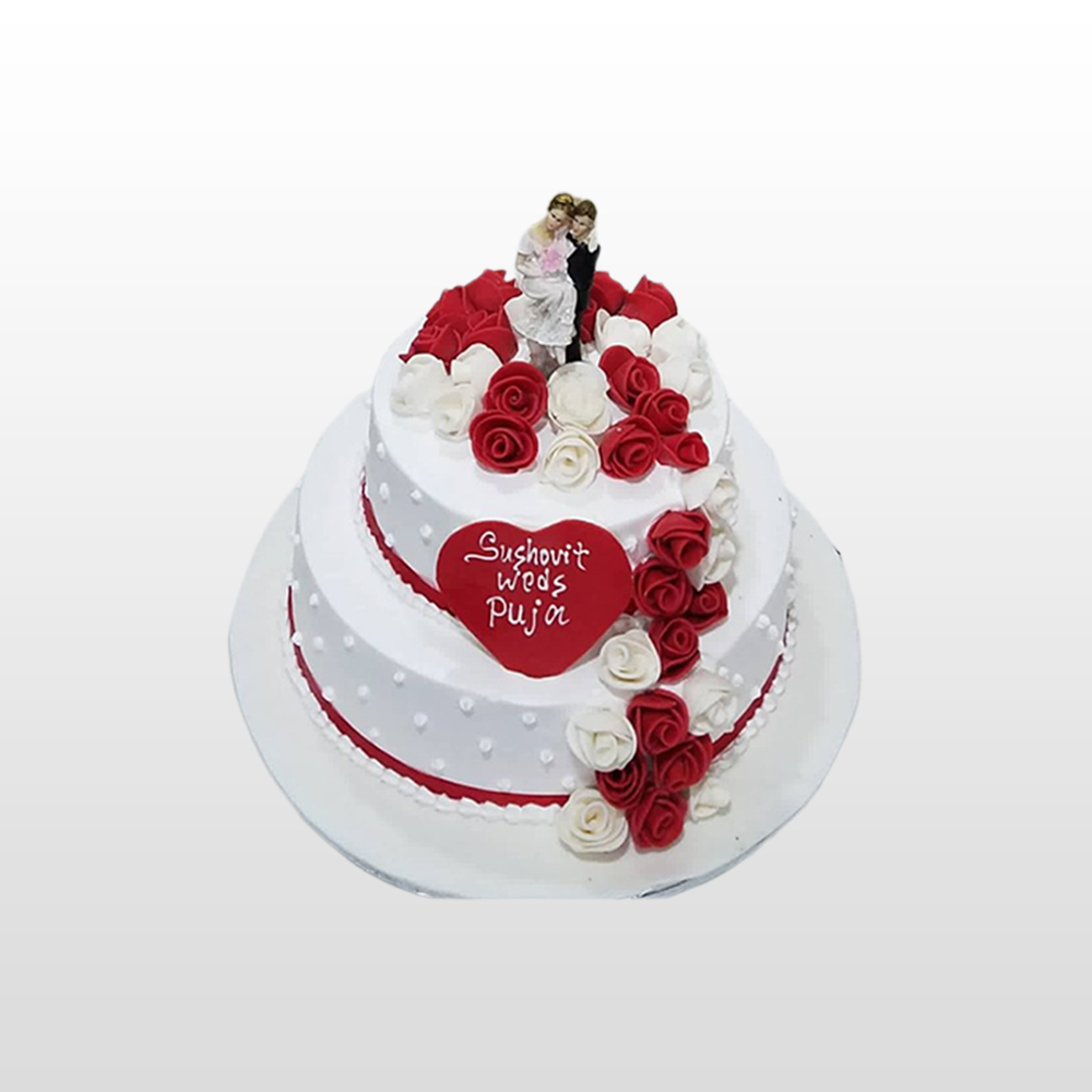 statue on top two layer wedding Cake – Chef's Bakery
